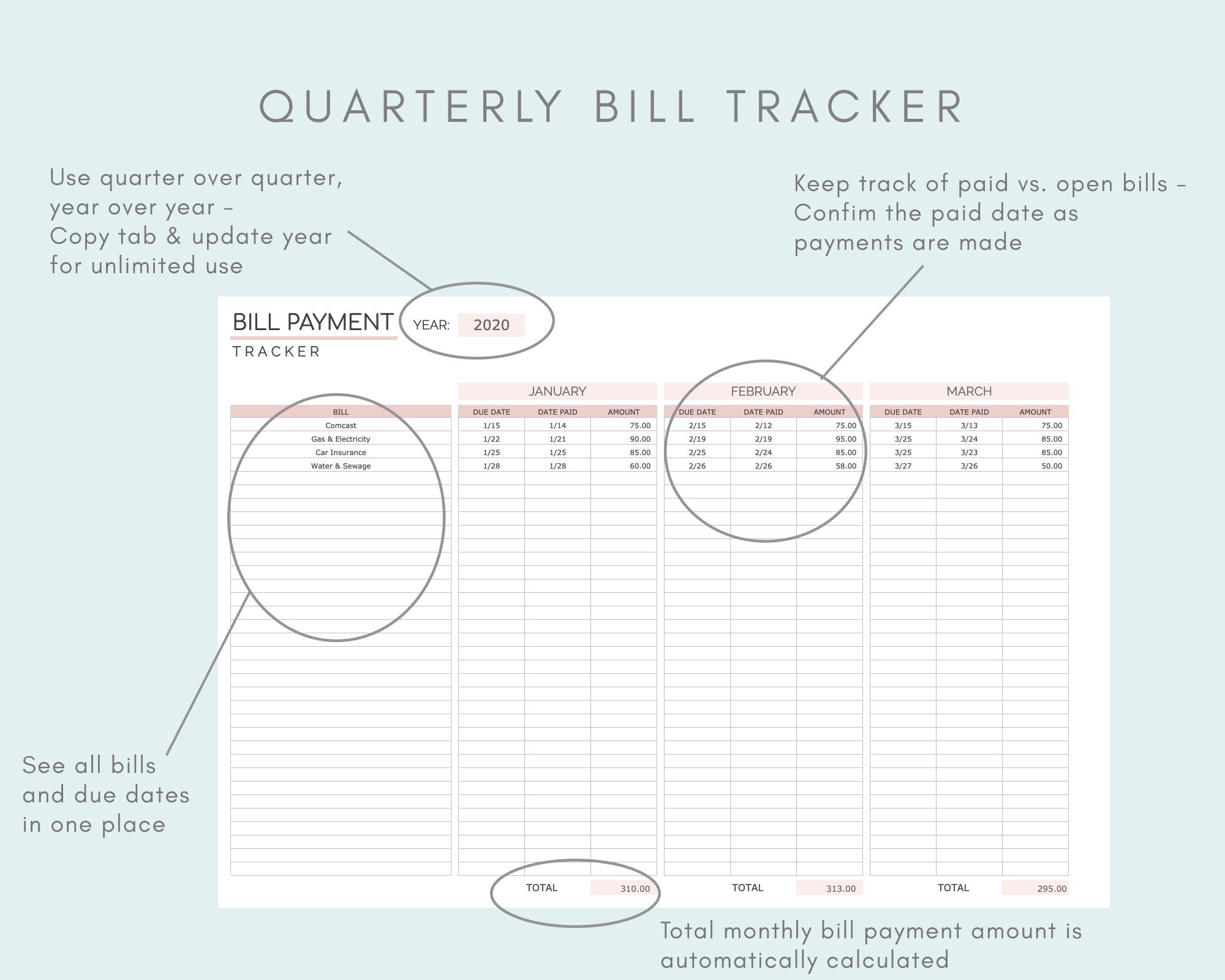 Bill Payment Tracker Spreadsheet Bill Pay Organizer Template - Etsy