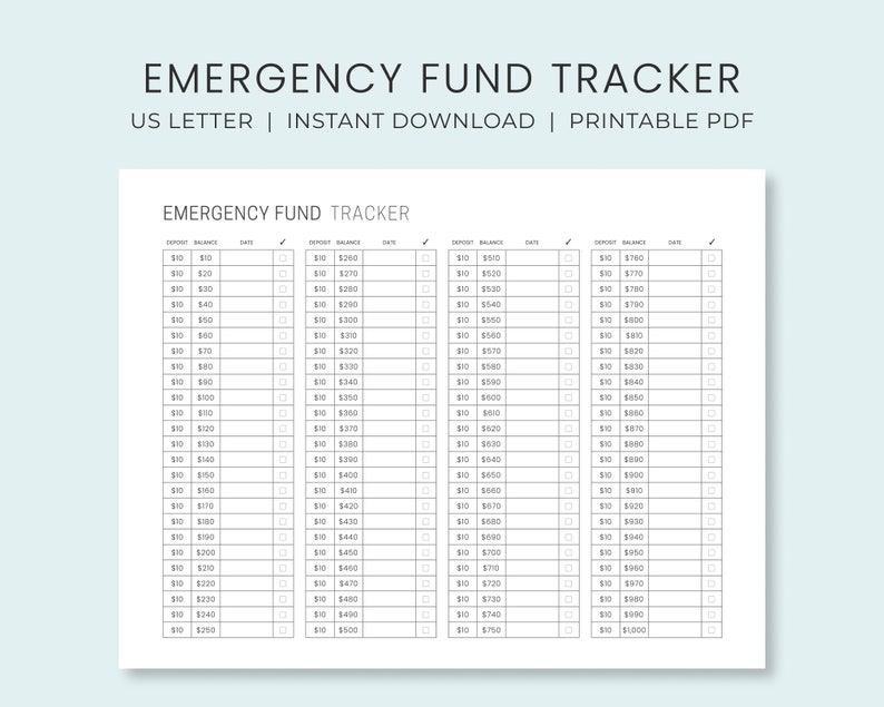 Emergency Fund Savings Tracker Printable | 1000 Rainy Day Fund ...