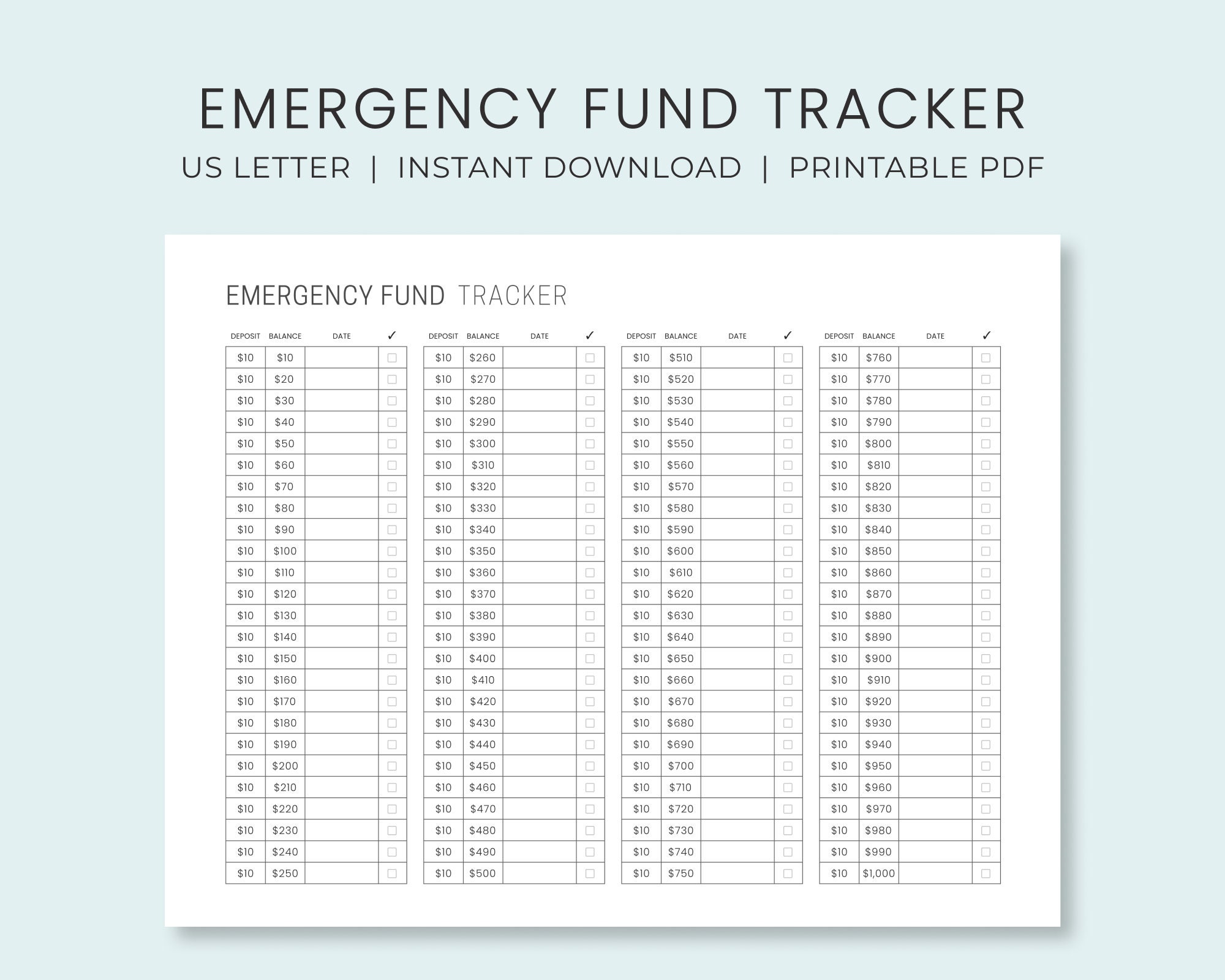 Emergency Fund Savings Tracker Printable | 1000 Rainy Day Fund ...