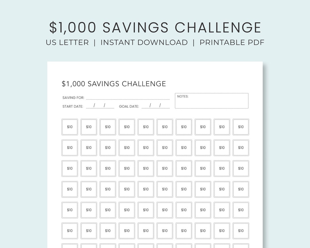 1,000 Savings Challenge Tracker Printable | Savings Goal Planner ...