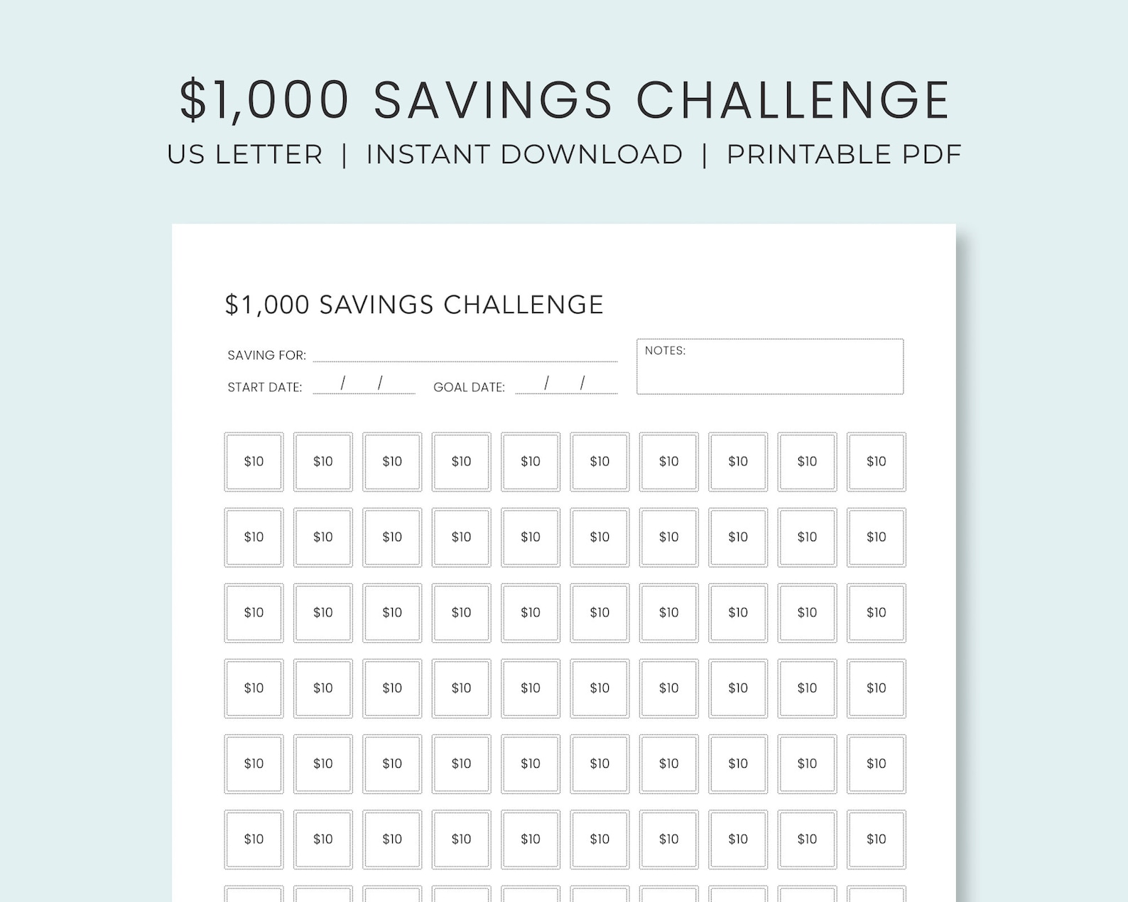 1,000 Savings Challenge Tracker Printable | Savings Goal Planner ...