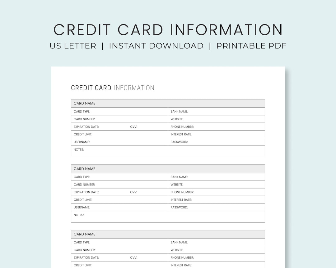 Credit Card Information Tracker | Credit Card Account Detail | Credit ...
