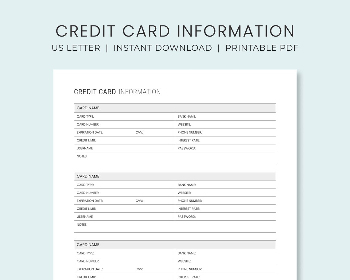 Credit Card Information Tracker | Credit Card Account Detail | Credit ...