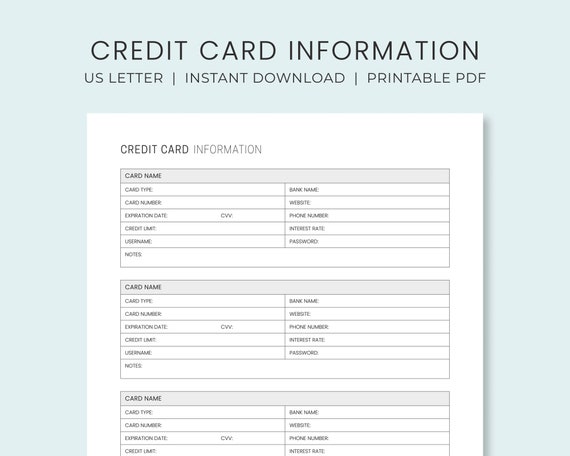 Credit Card Information Tracker Credit Card Account Detail - Etsy