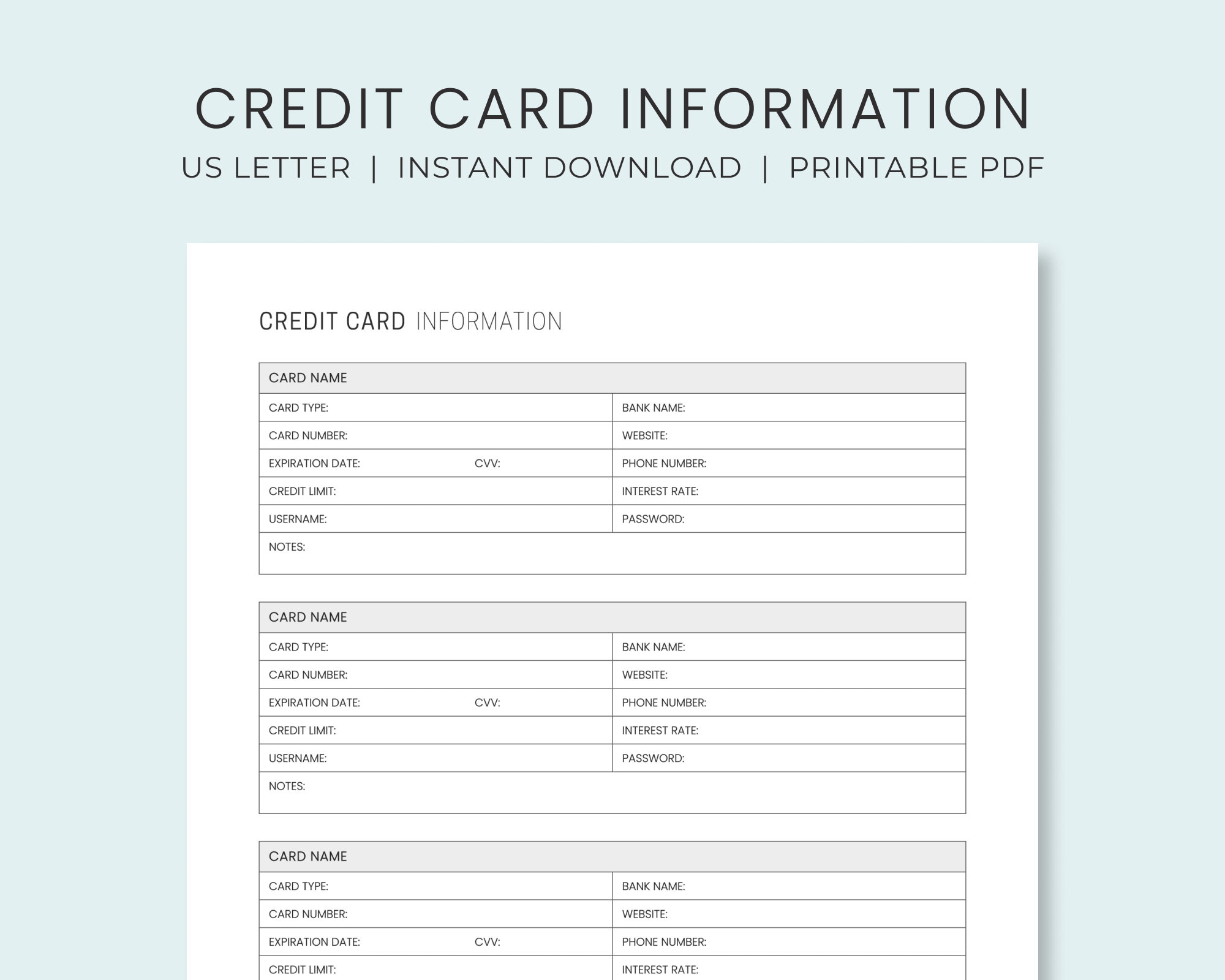 Credit Card Information Tracker | Credit Card Account Detail | Credit ...