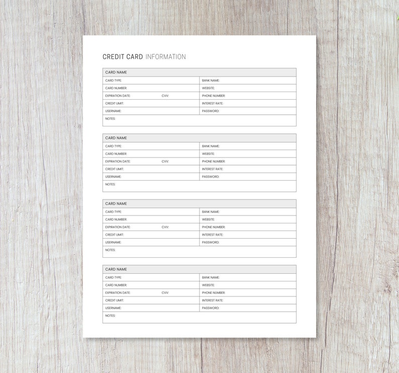 Credit Card Information Tracker | Credit Card Account Detail | Credit ...