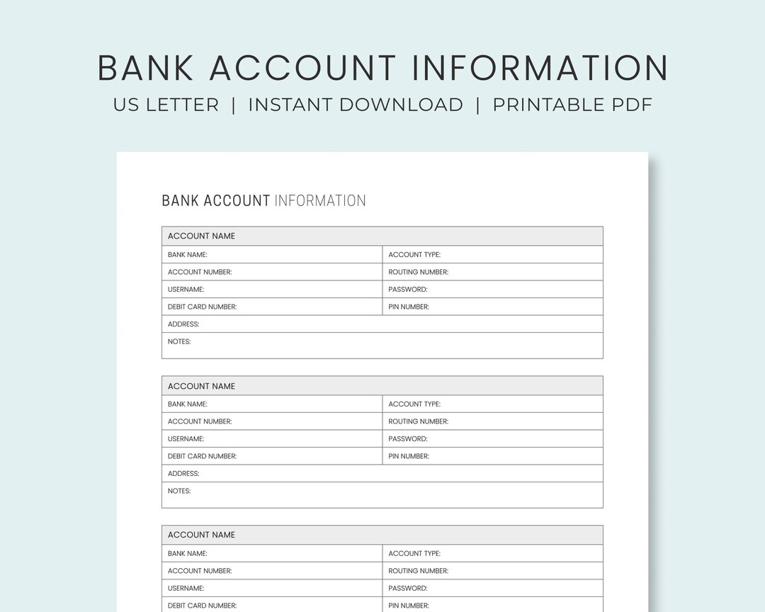Bank Account Information Tracker Printable | Financial Account Log ...