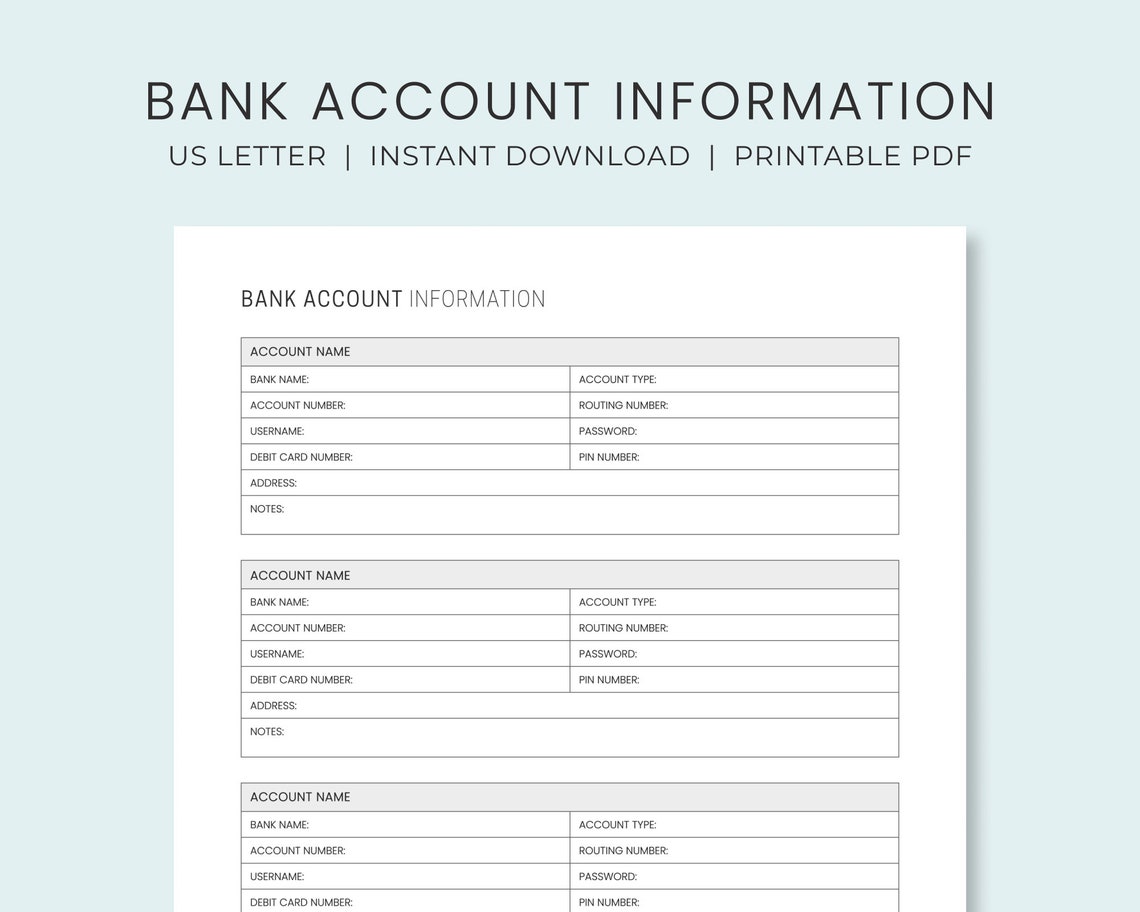 Bank Account Information Tracker Printable Financial Account - Etsy