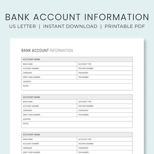 Bank Account Information Tracker Printable Financial Account - Etsy
