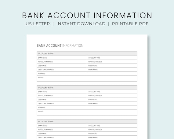 Bank Account Information Tracker Printable Financial Account - Etsy