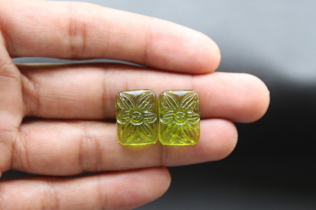 Peridot Quartz Carving Rectangle Shape Carving Gemstone Matching Pair ...