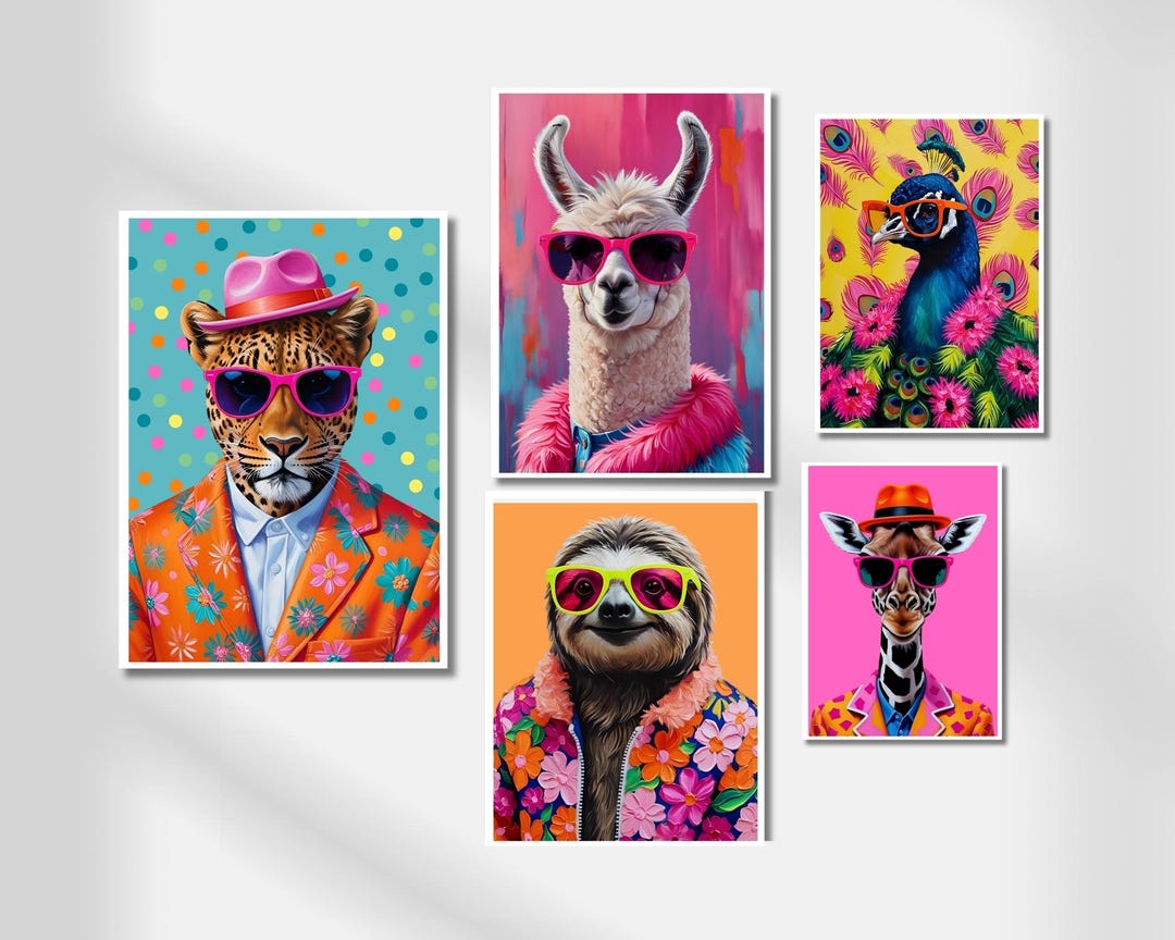 Colorful Animal Wall Art Set Maximalist Funky Animals Gallery Prints ...
