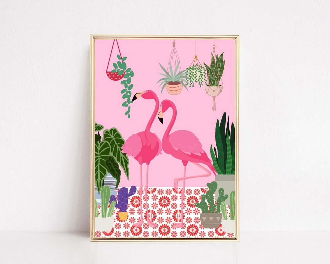 Pink Flamingo Art Print, Botanical Flamingos Wall Art, House Plant ...