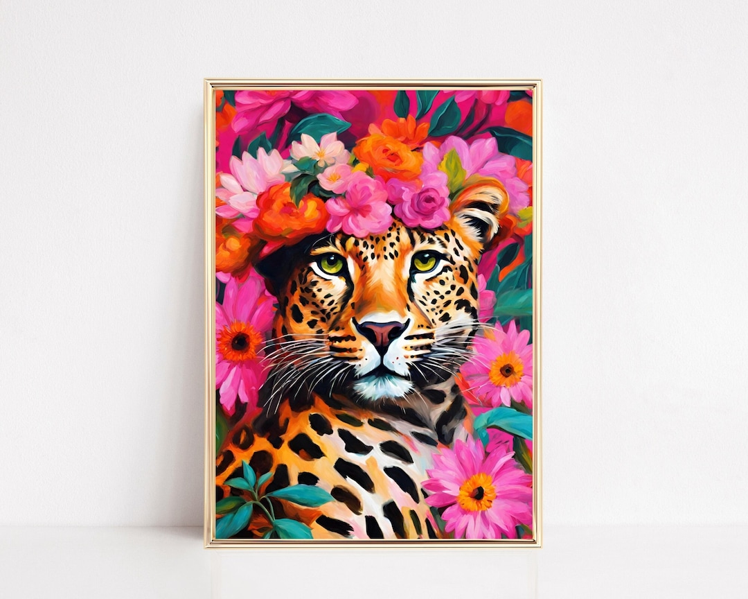 Botanical Leopard and Flowers Art Print Maximalist Leopard Wall Art Big ...