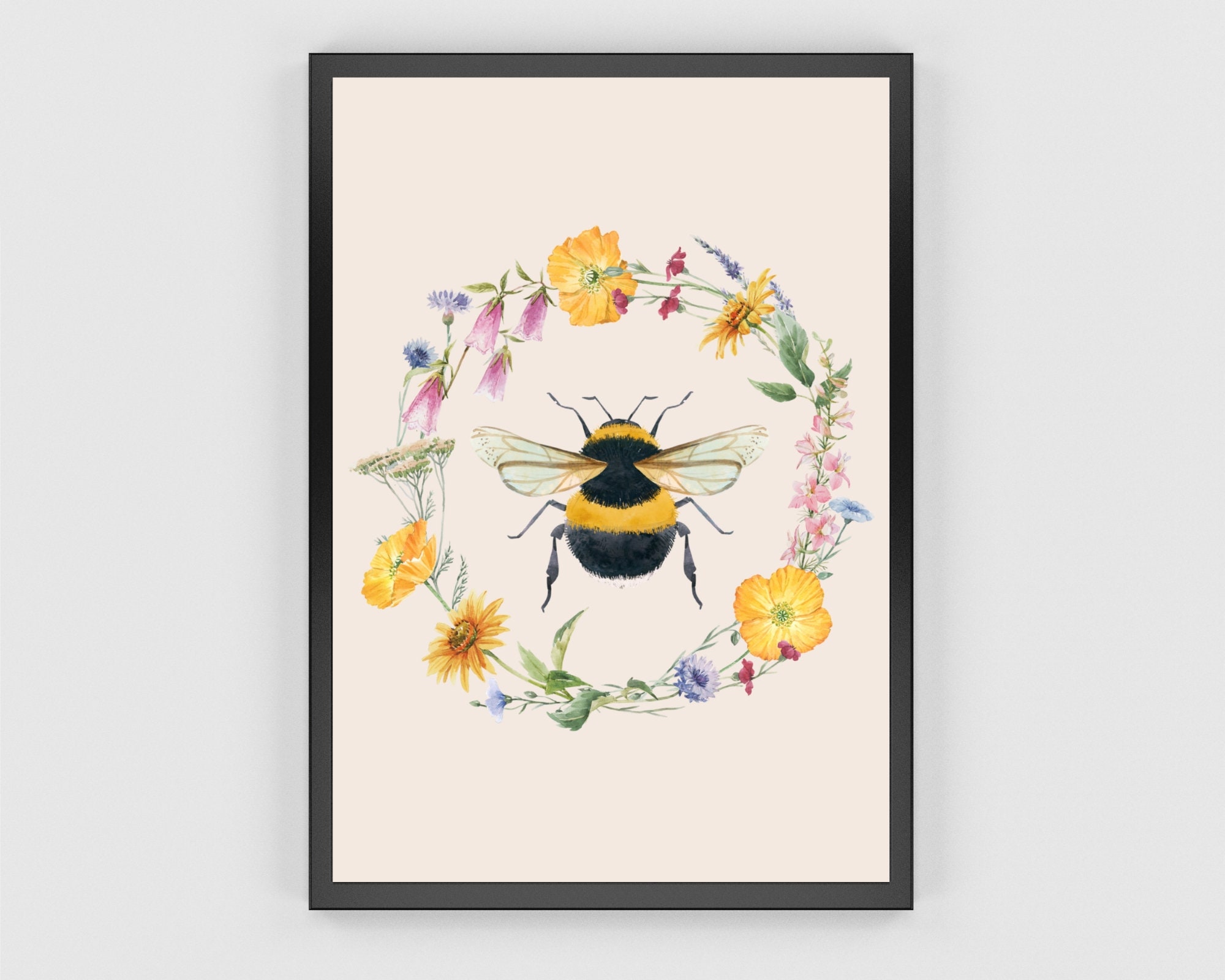 Bumble Bee Art Print, Botanical Bee Wall Art, Spring Summer Sunflowers ...