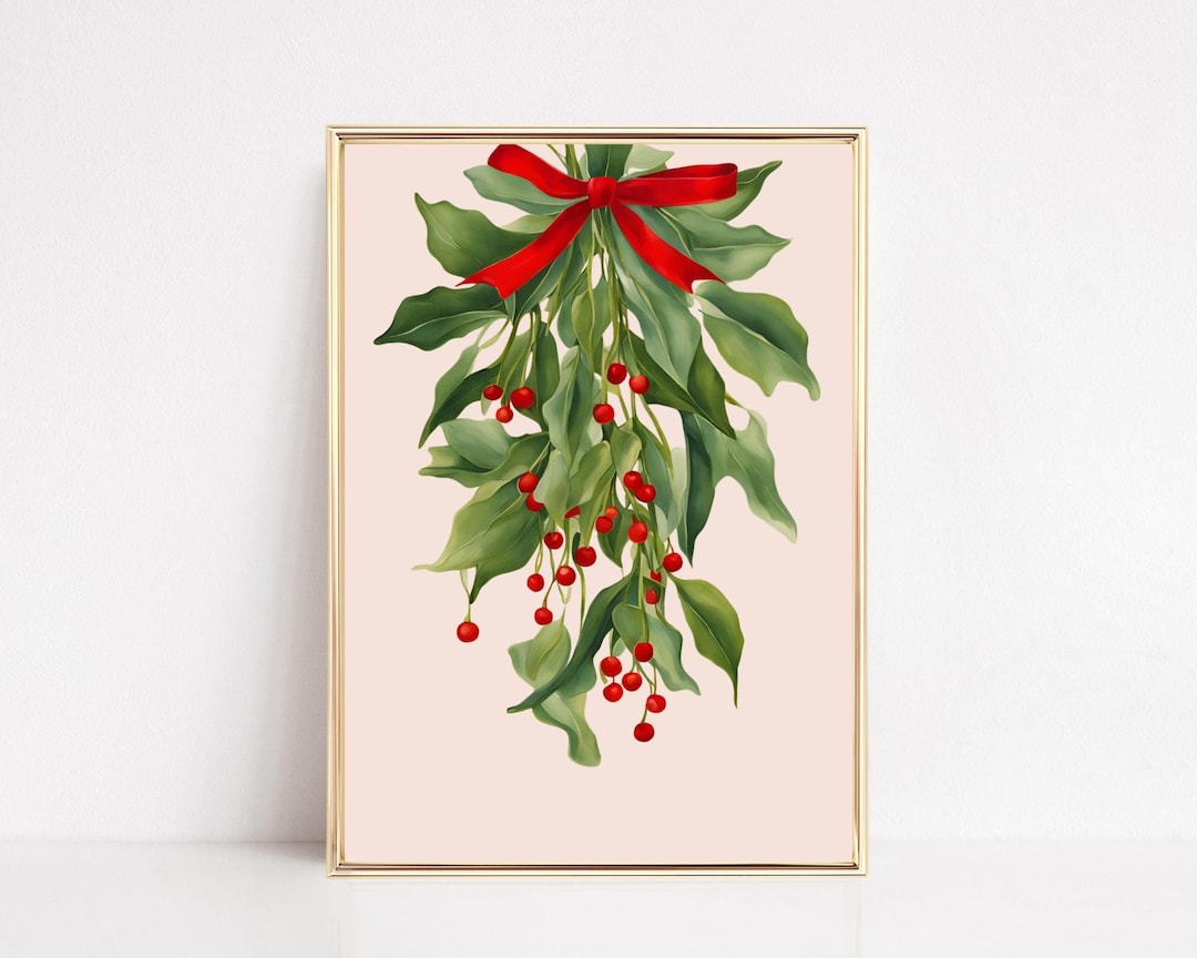 Christmas Mistletoe Art Print Vintage Mistletoe Holiday Painting ...