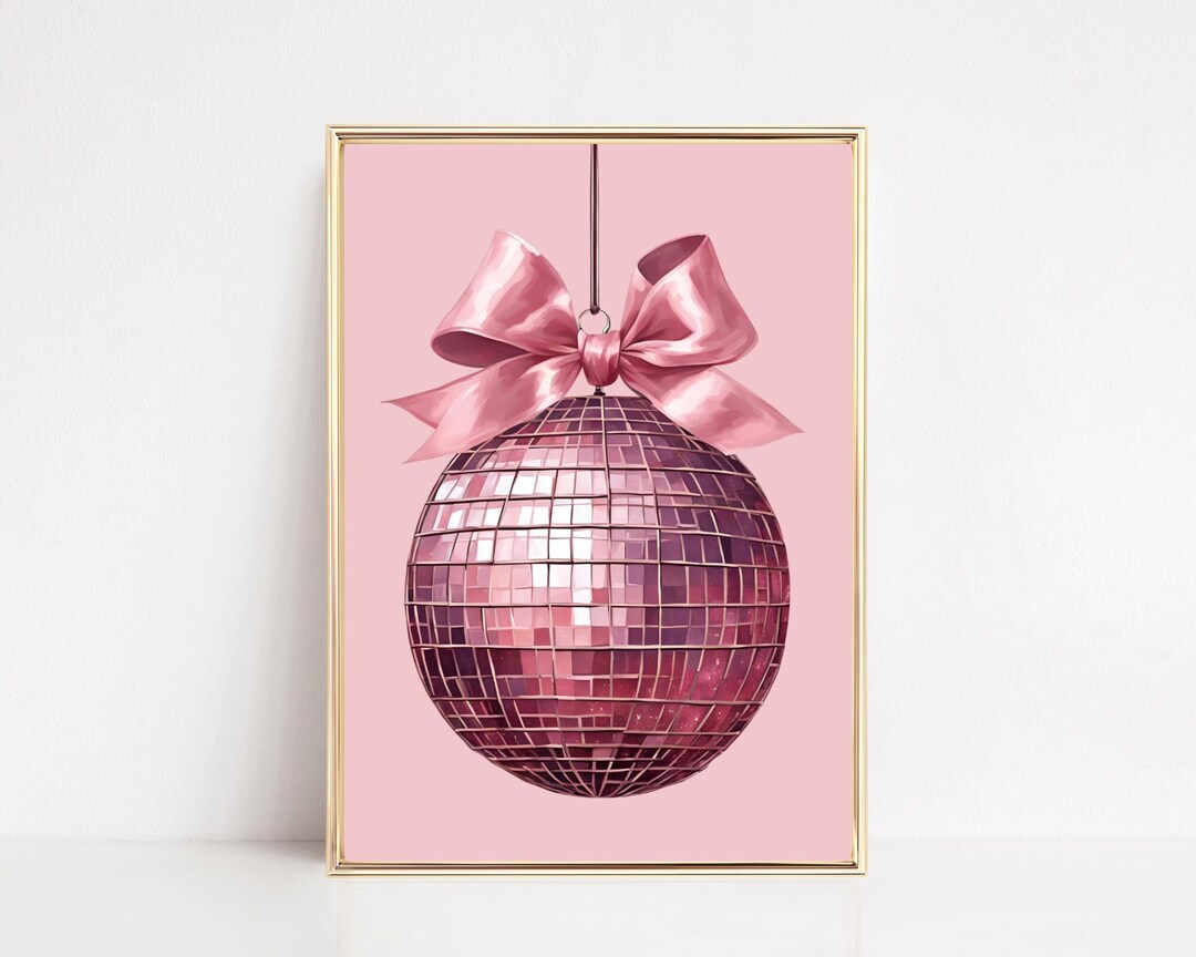 Pink Disco Ball Bow Wall Art Print Coquette Wall Decor Disco Ball ...