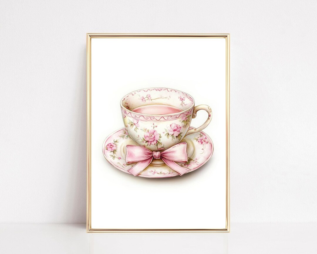 Coquette Teacup and Bow Art Print Pink Bow Vintage Wall Art Preppy ...