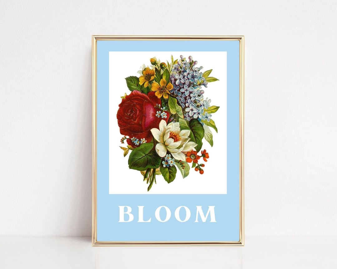 Bloom Wall Art Print, Blue Bloom Poster, Vintage Floral Cottage Core ...