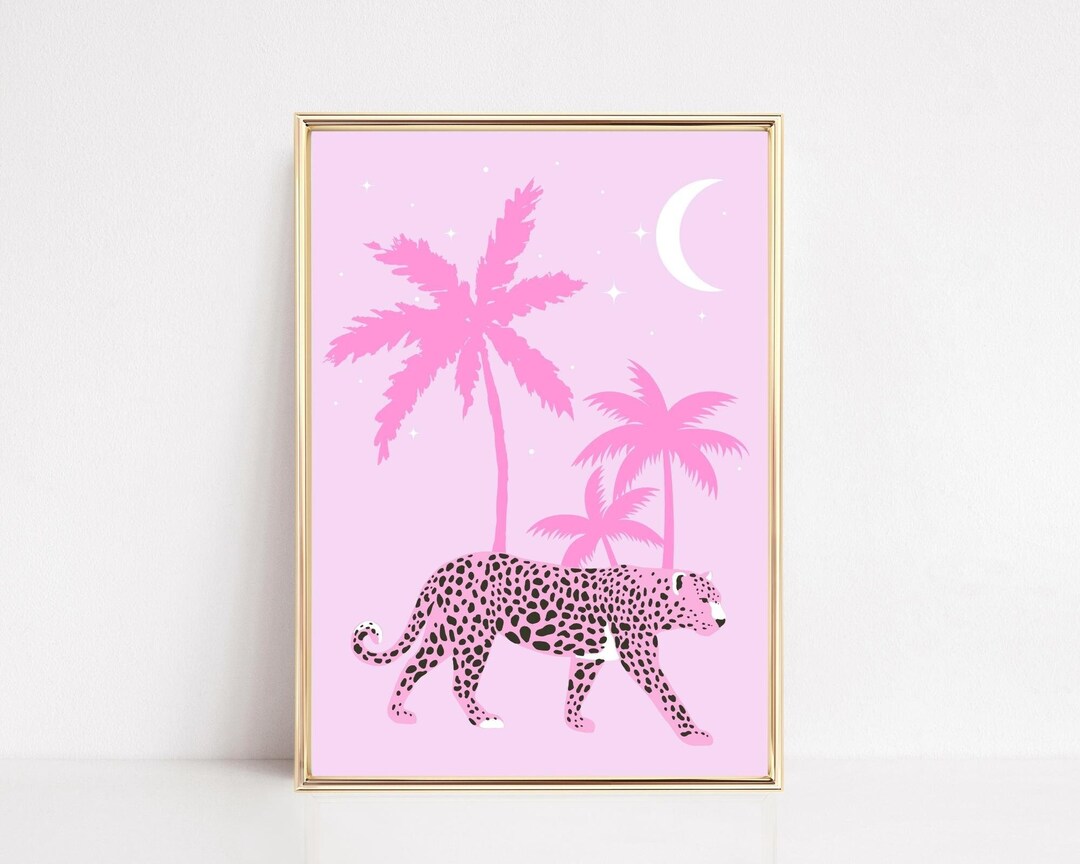 Tropical Leopard Art Print, Leopard Wall Art, Pastel Home Decor, Pink ...
