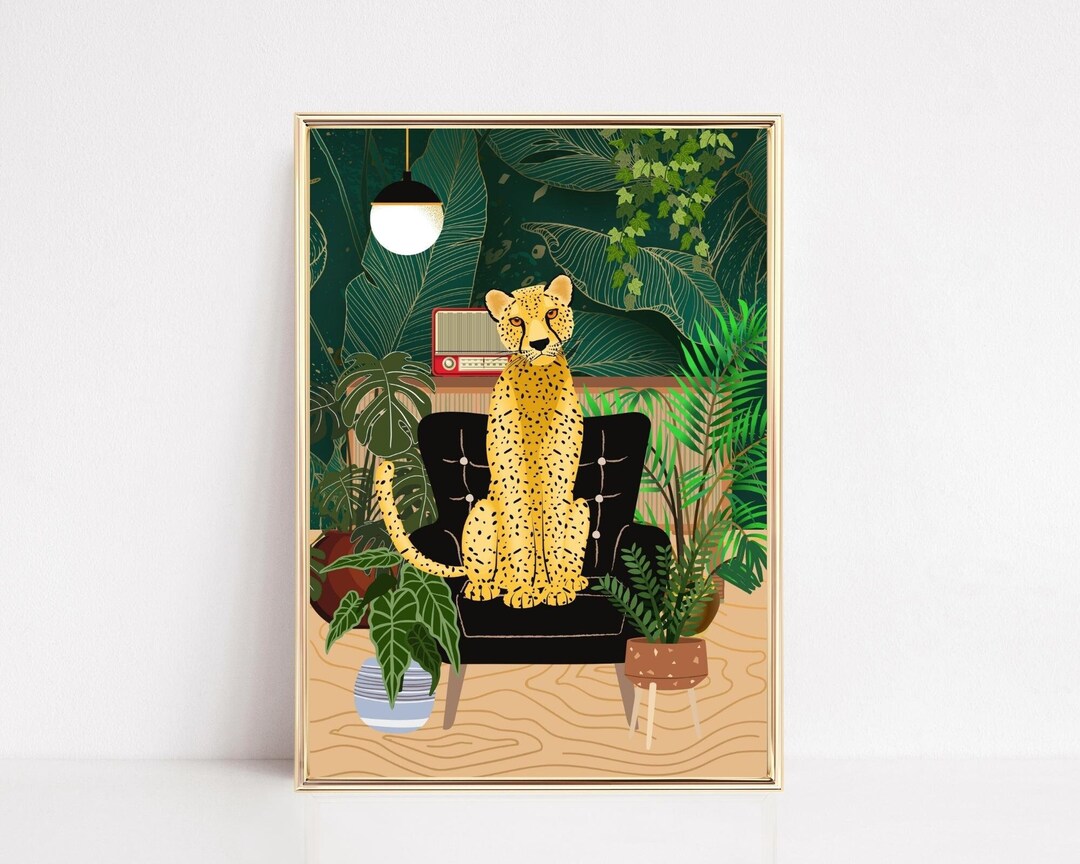 Botanical Cheetah Art Print, Tropical Cheetah Jungle Print, Boho Plants ...