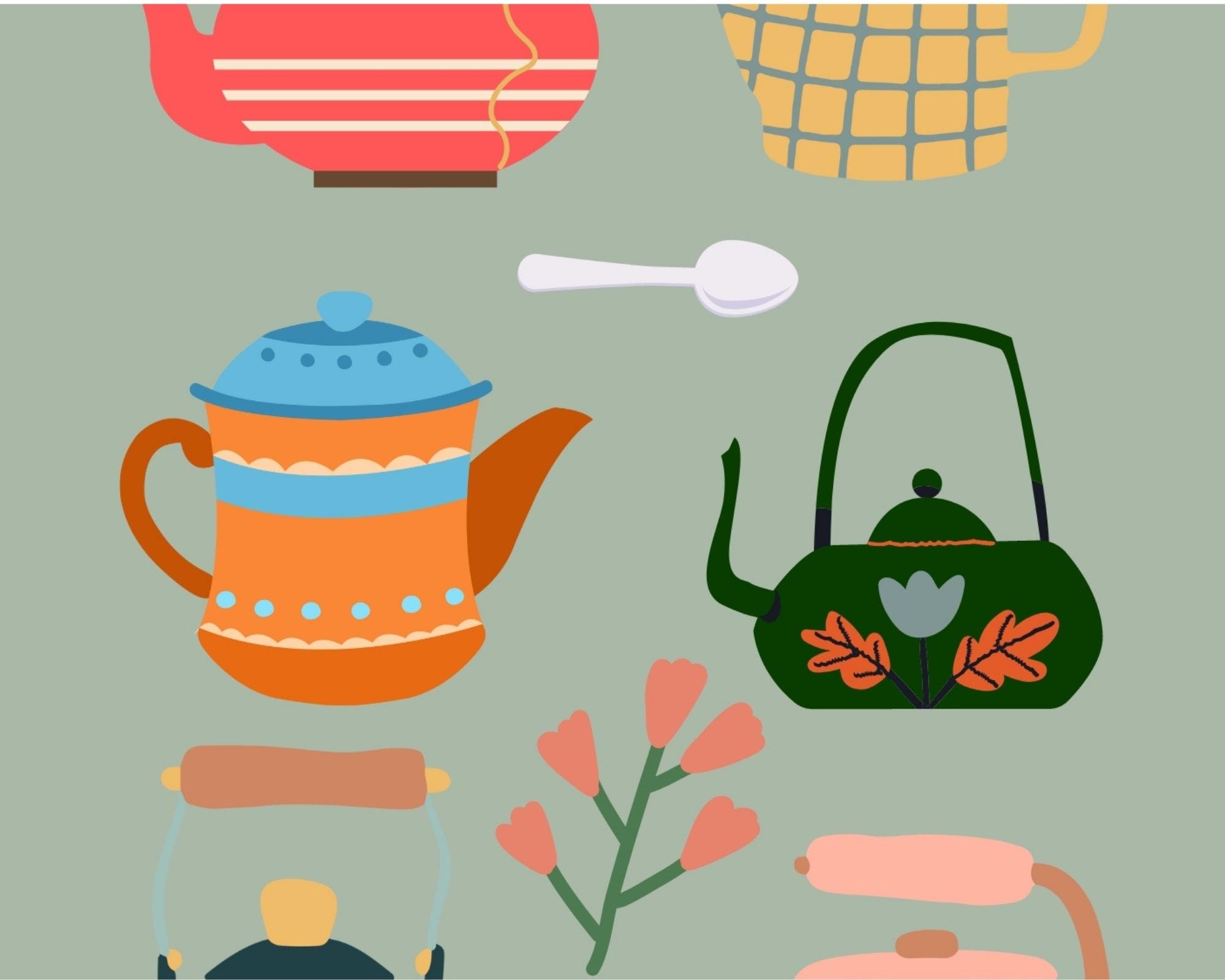Retro Teapots Print, Teapot Art Print, Kitchen Wall Art, Botanical ...