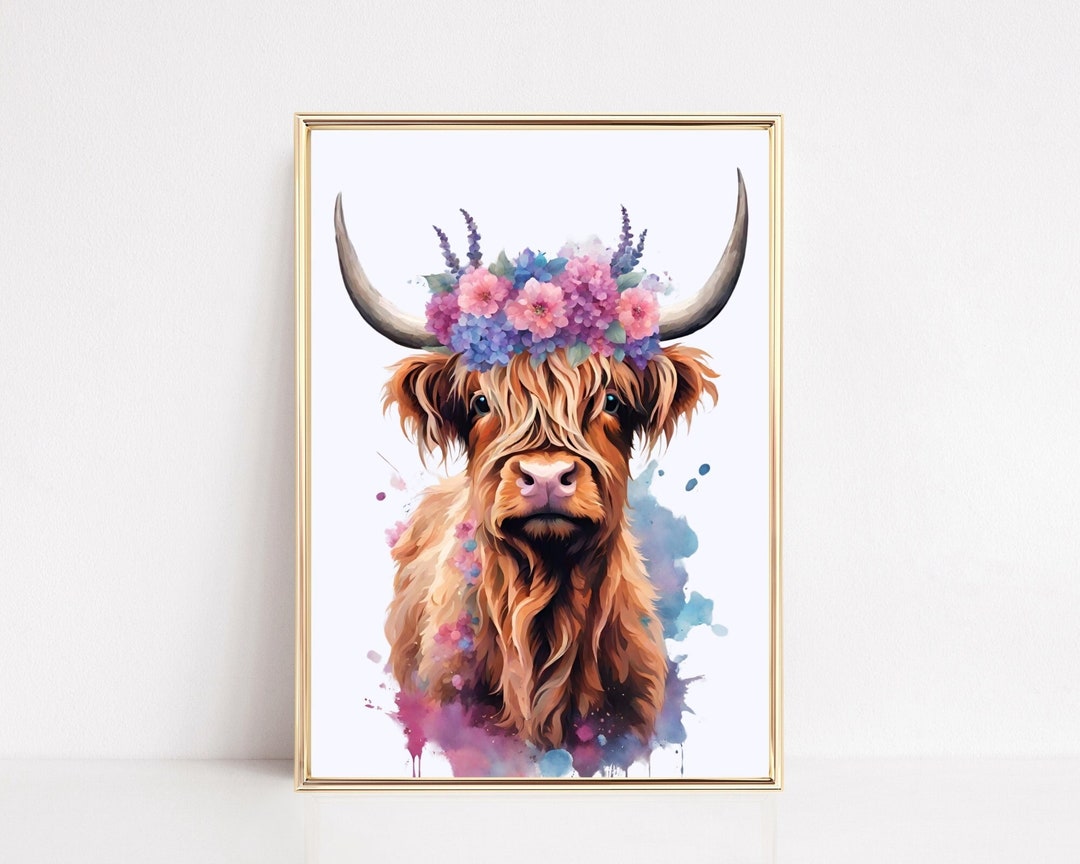 Botanical Floral Highland Cow Print Highland Cow Wall Art Highland Cow ...