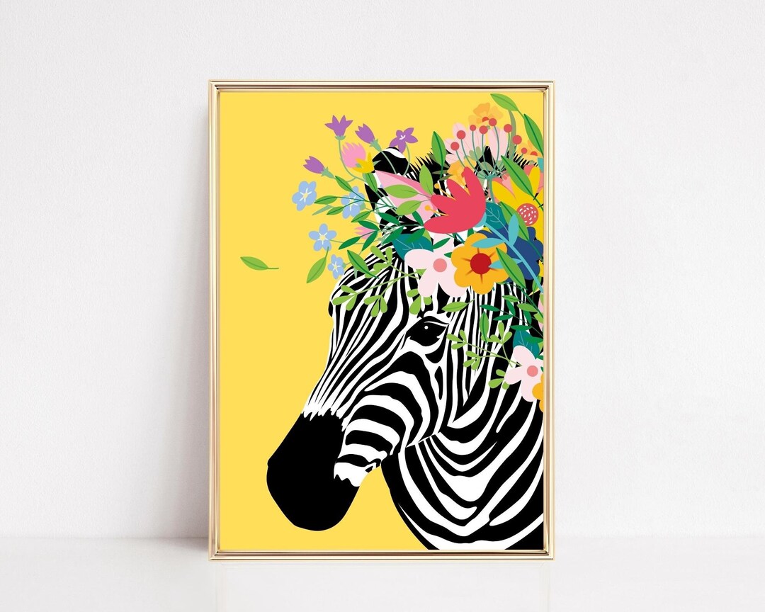 Tropical Floral Zebra Print, Flower Crown Zebra Poster, Retro Botanical ...