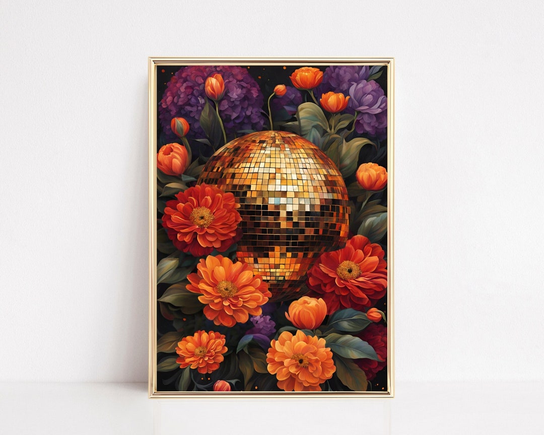 Botanical Disco Ball Wall Art Poster Vintage Floral Disco Painting ...