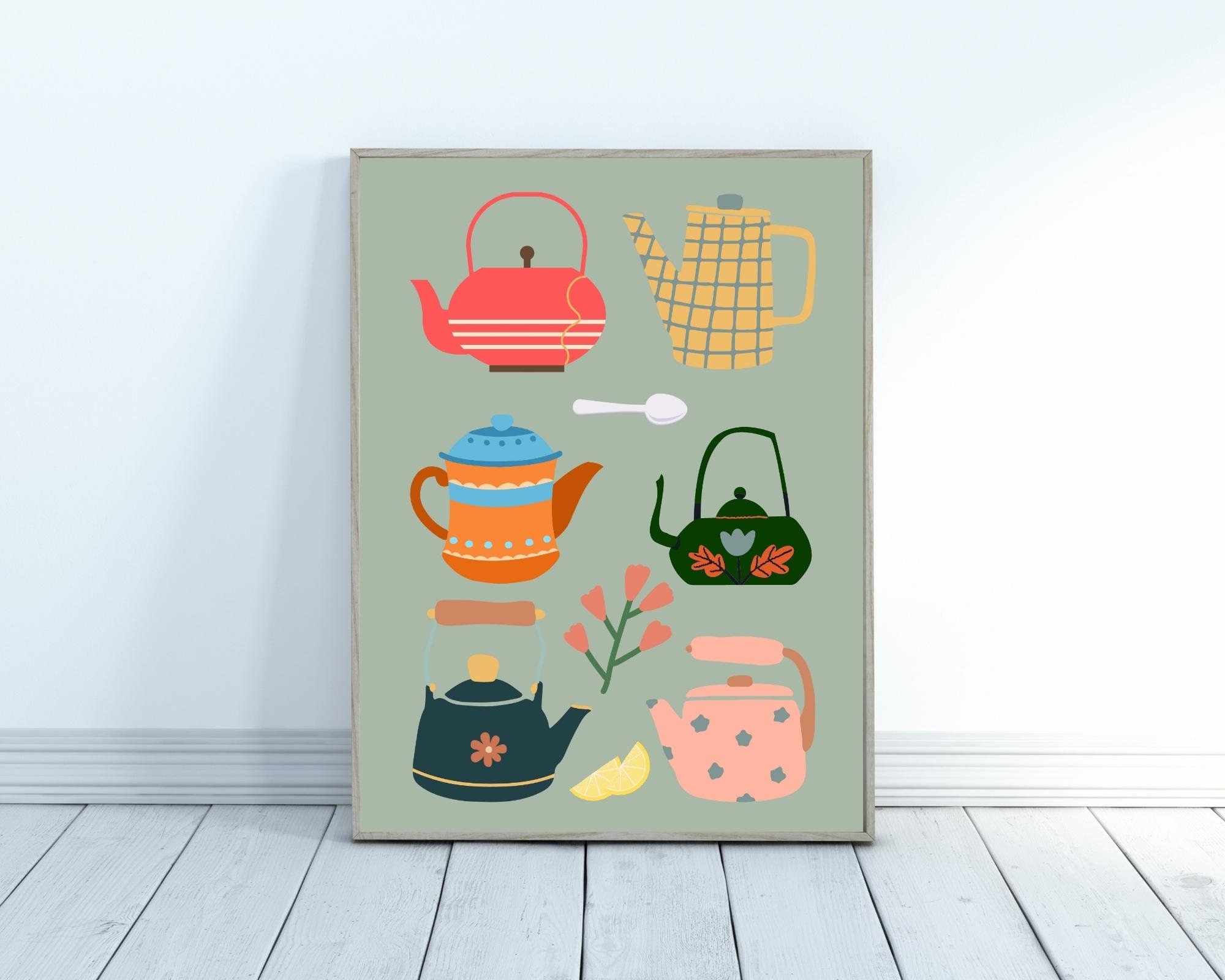 Retro Teapots Print, Teapot Art Print, Kitchen Wall Art, Botanical ...