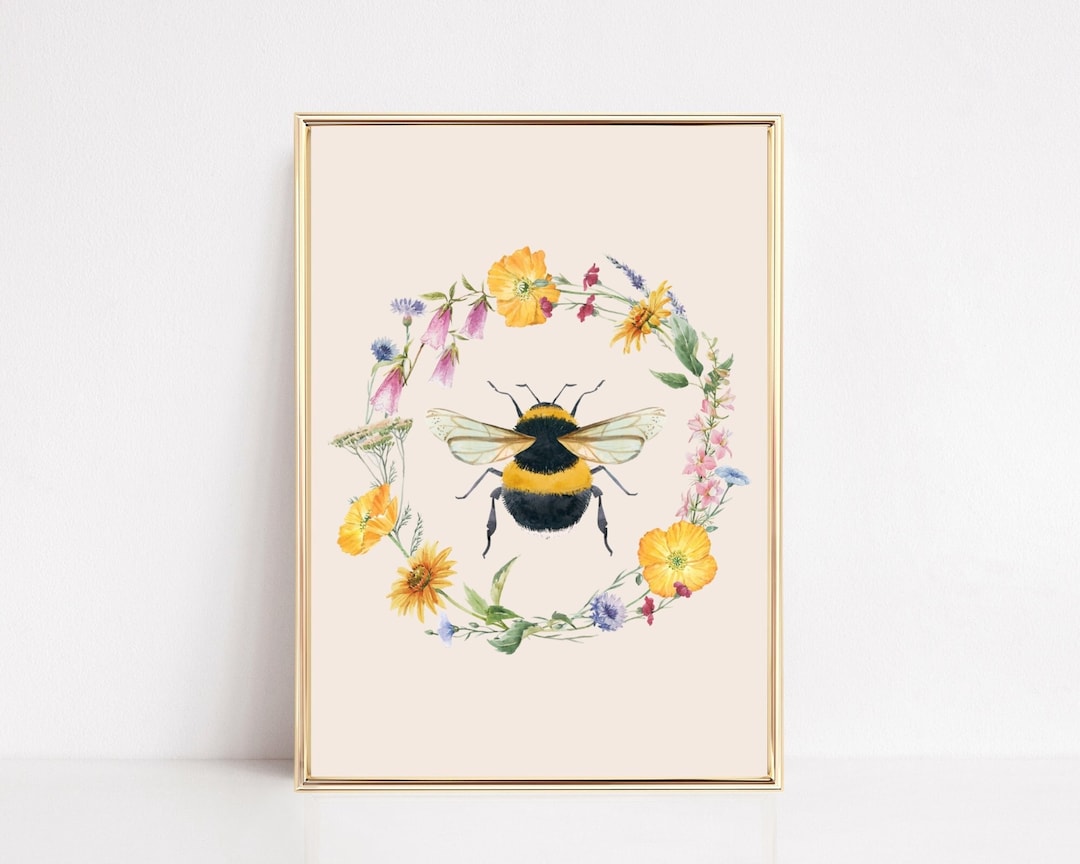 Bumble Bee Art Print, Botanical Bee Wall Art, Spring Summer Sunflowers ...