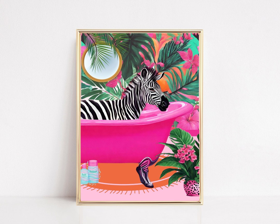 Zebra in Bath Botanical Art Print, Zebra in Pink Bathtub Bathroom Wall ...