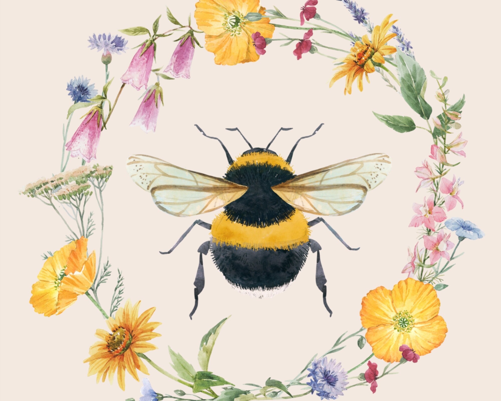 Bumble Bee Art Print, Botanical Bee Wall Art, Spring Summer Sunflowers ...