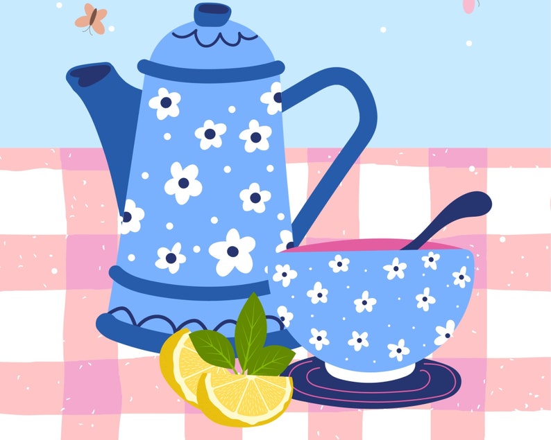 Retro Teacups Art Print, Kitchen Teacup Gallery Wall Art, Cafe Food ...