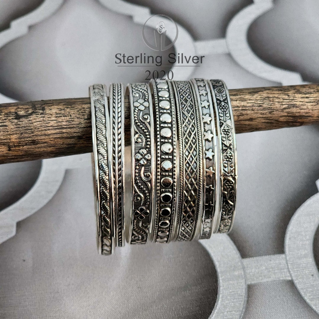 7 Set Bangles, Solid 925 Sterling Wide Bangles, Gift for Mom, Handmade ...