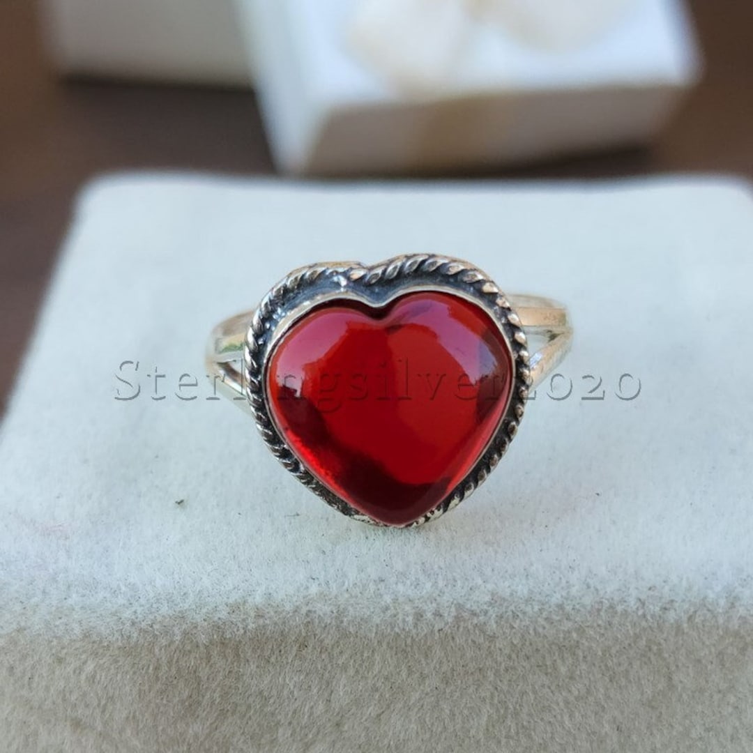 Red Garnet Heart Shape Gemstone Ring, Handmade Ring, Dainty Ring, 925 ...