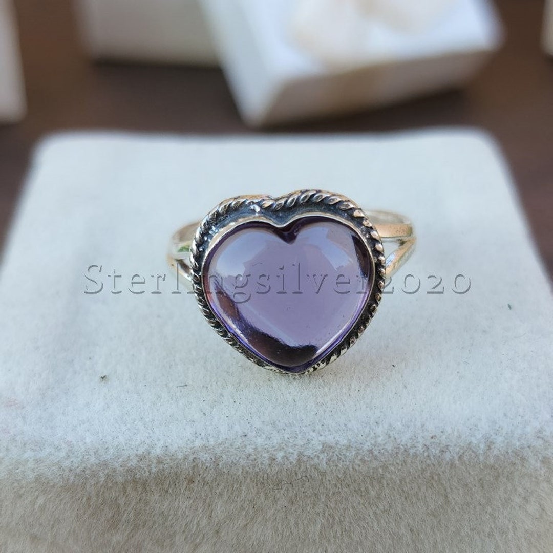 Amethyst Heart Shape Gemstone Ring, Dainty Heart Ring, 925 Sterling ...