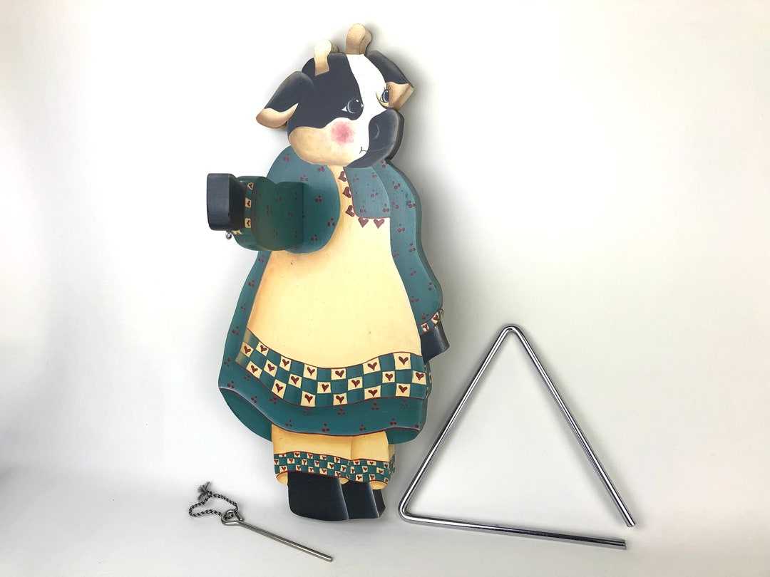 Vintage 1990s Hand-painted Solid Wood Cow Folk Art Dinner Triangle Bell ...