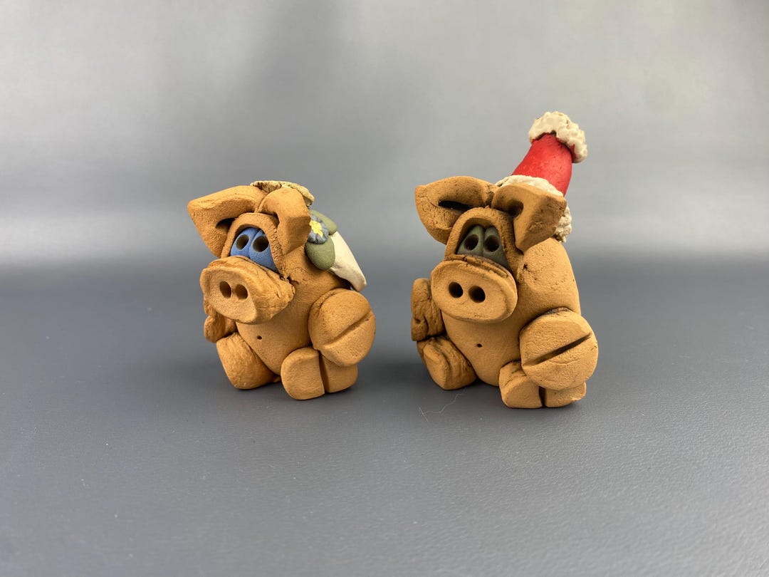Set of 2 Studio Art Pottery Handmade Pigs With Flower Veil & Santa Hat ...
