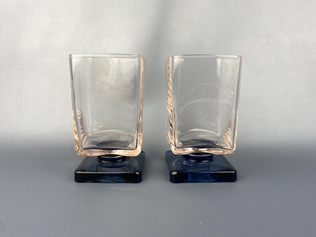 Pair Vintage Pale Pink & Sapphire Blue Square Glass Footed Barware ...