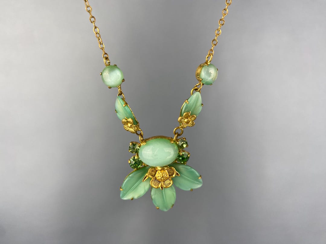 1950s Crystal & Adularescent Thermoset Flower Leaf Gold Tone 17 ...