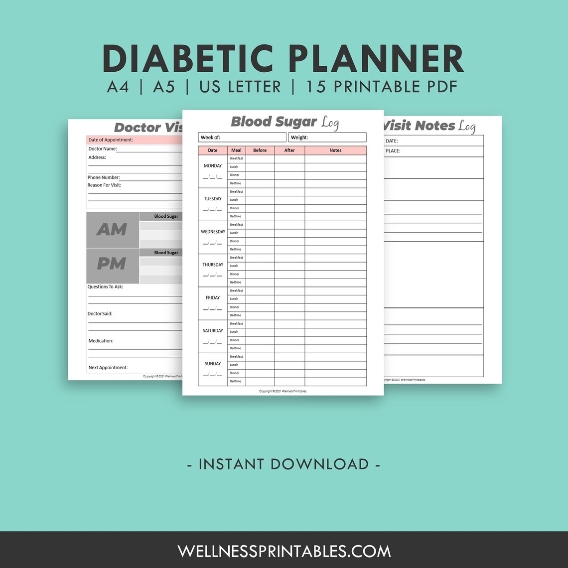 Diabetes Planner Printable - Includes Blood Sugar Tracker Diabetic Log ...