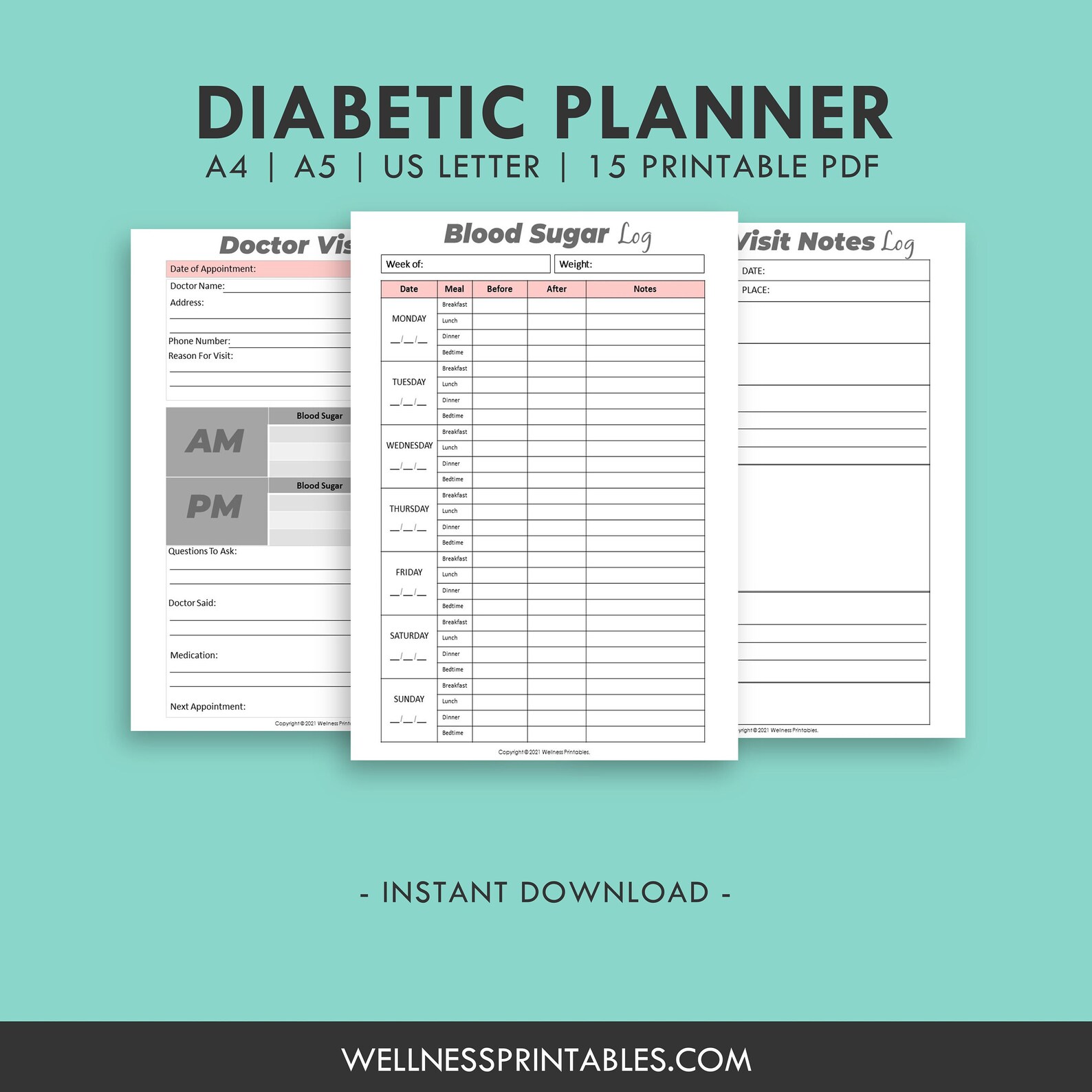 Diabetes Planner Printable - Includes Blood Sugar Tracker Diabetic Log ...