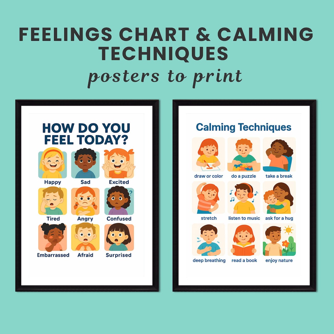 Feelings Chart Emotions Poster Set – Emotions Chart for Kids, Calming ...