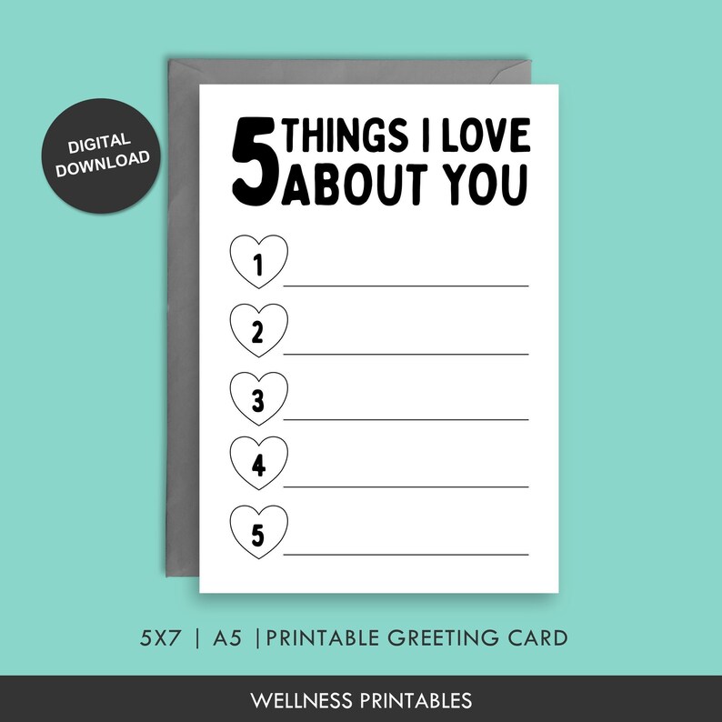 5 Things I Love About You Printable Greeting Card - Reasons I Love You ...