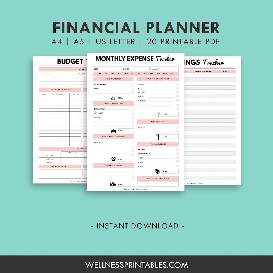 Financial Planner Printable - Including Savings Debt Budget Expense ...