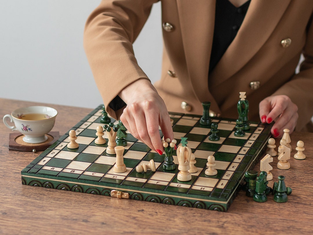 GREEN KINGDOM Wooden Chess & Drafts Set 35cm 13.8in Checkers Drafts ...