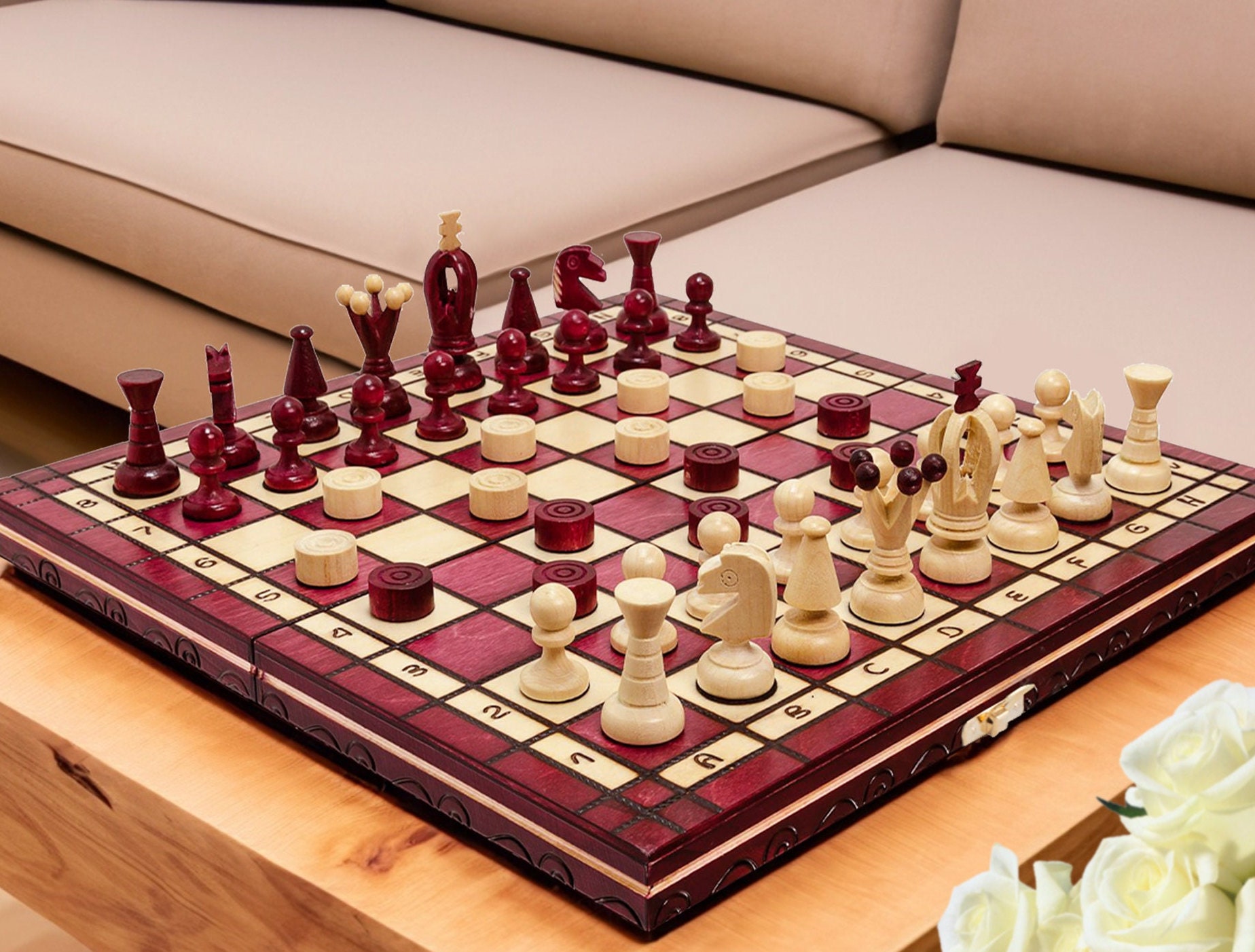 Lovely Cherry RED KINGDOM 2in1 Set Of: Chess & Drafts Checkers 35cm ...