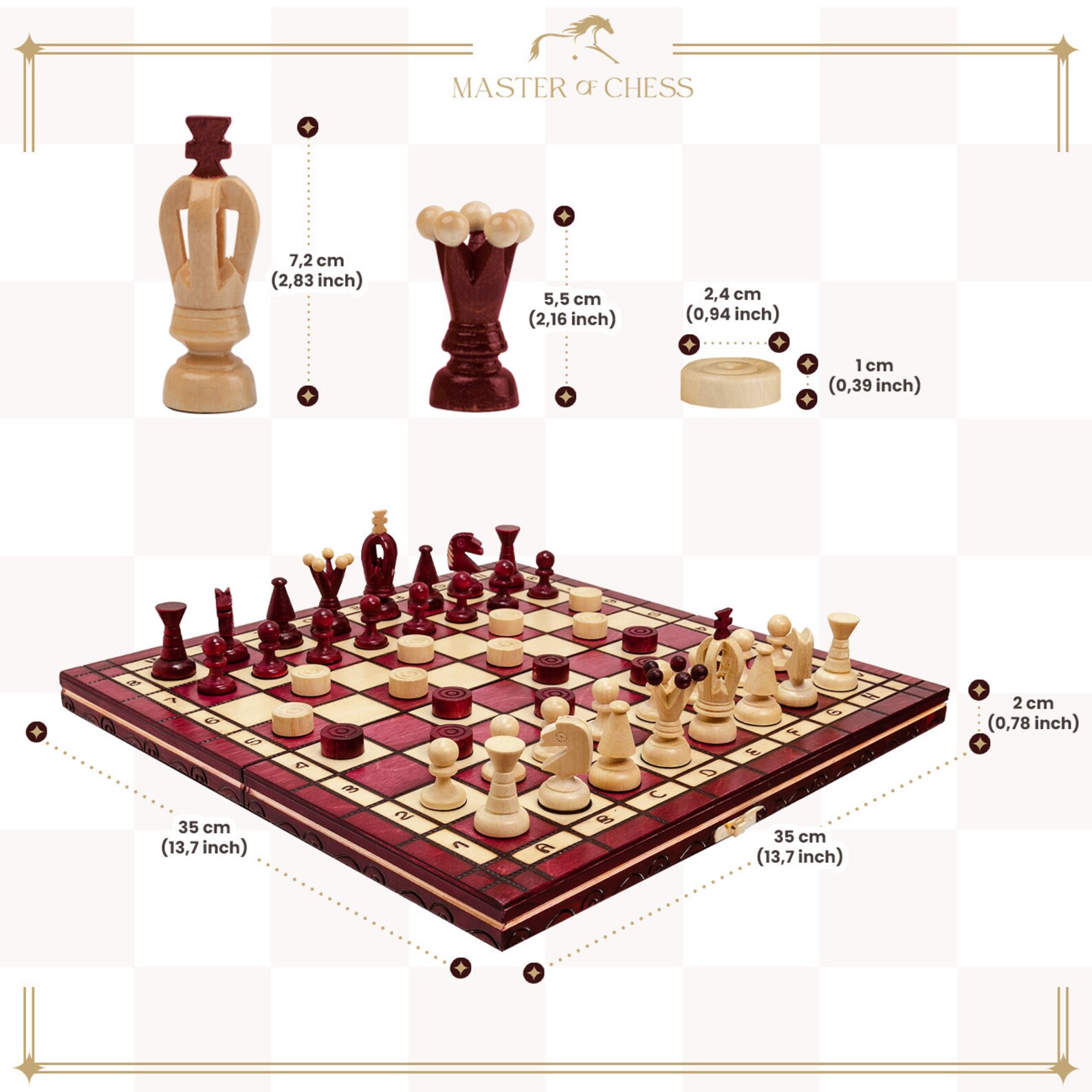 Lovely Cherry RED KINGDOM 2in1 Set Of: Chess & Drafts Checkers 35cm ...