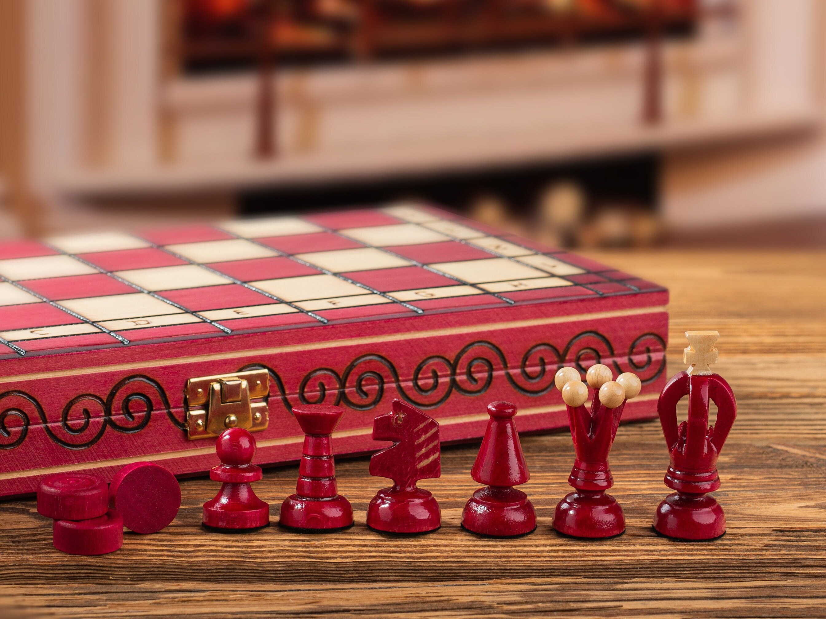 Lovely Cherry RED KINGDOM 2in1 Set Of: Chess & Drafts Checkers 35cm ...